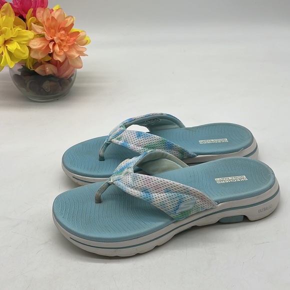 Skechers | Shoes | Skechers Light Blue Tye Dye Goga Mat Flip Flop Thong ...
